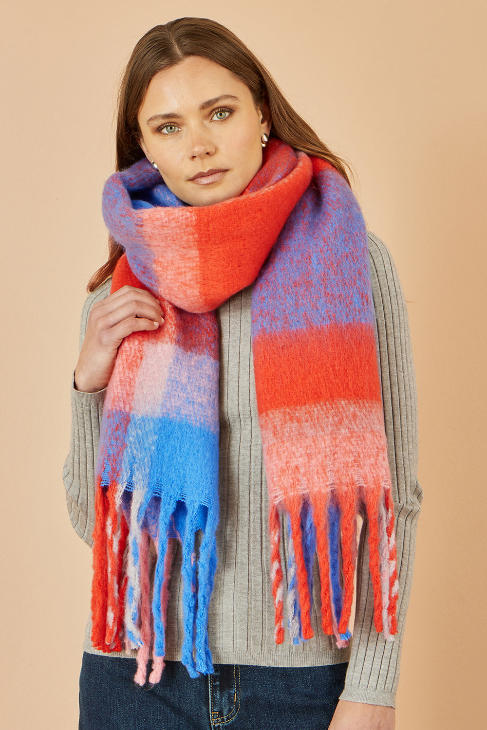 Yumi Orange And Black Check Soft Scarf | Yumi