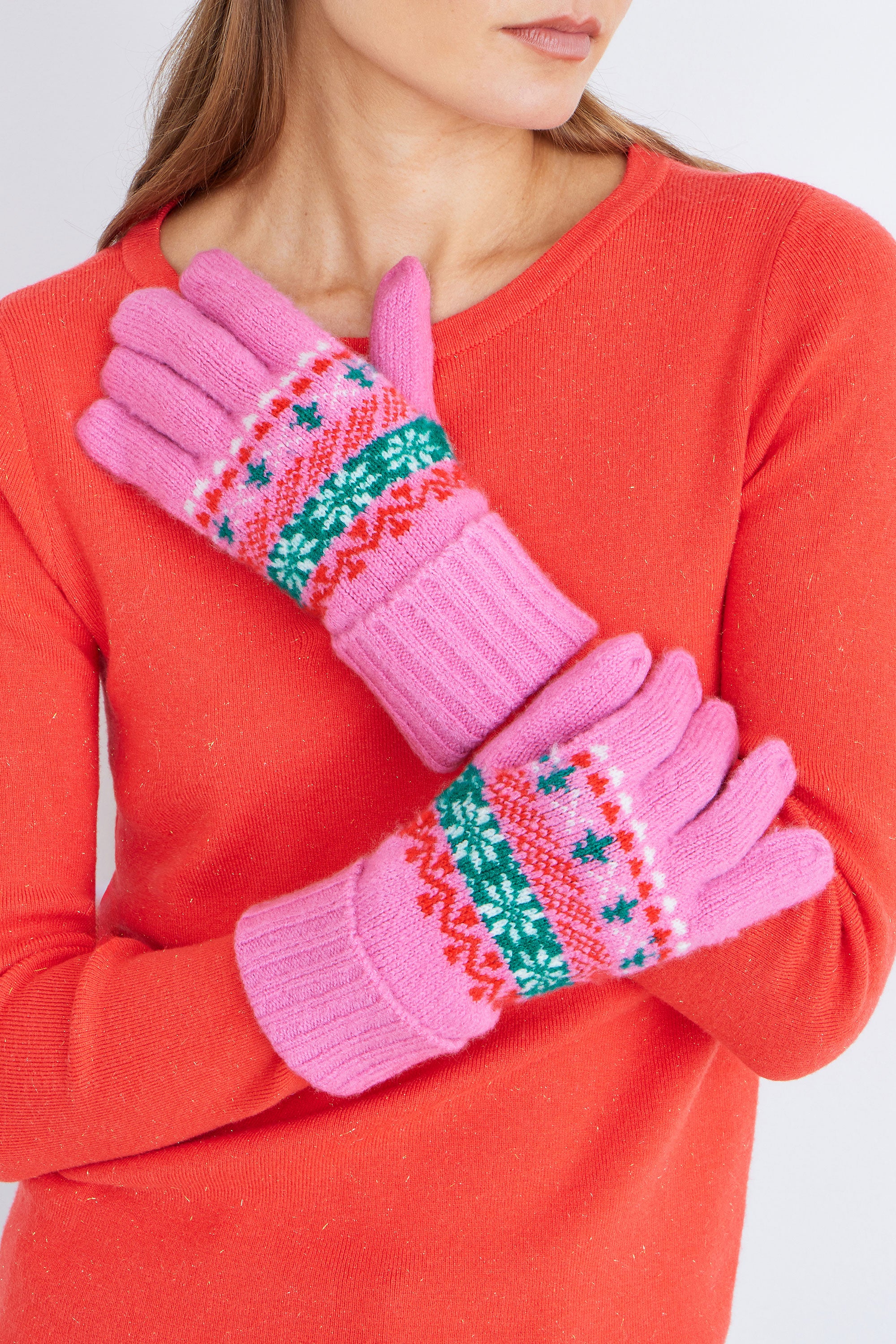 Yumi Pink Festive Fairisle Knitted Gloves | Yumi