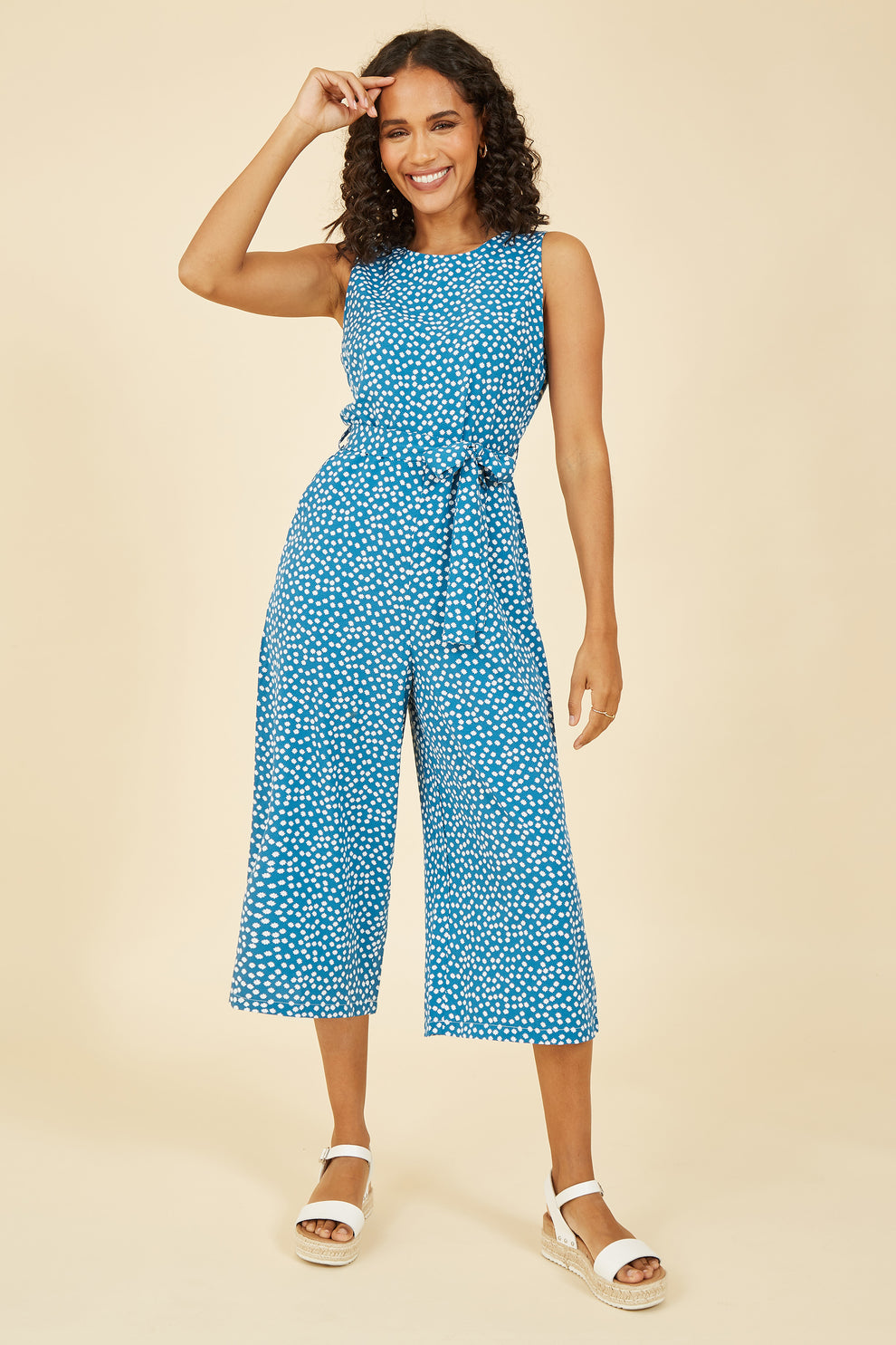 Yumi Teal Ditsy Daisy Sleeveless Culotte Jumpsuit | Yumi