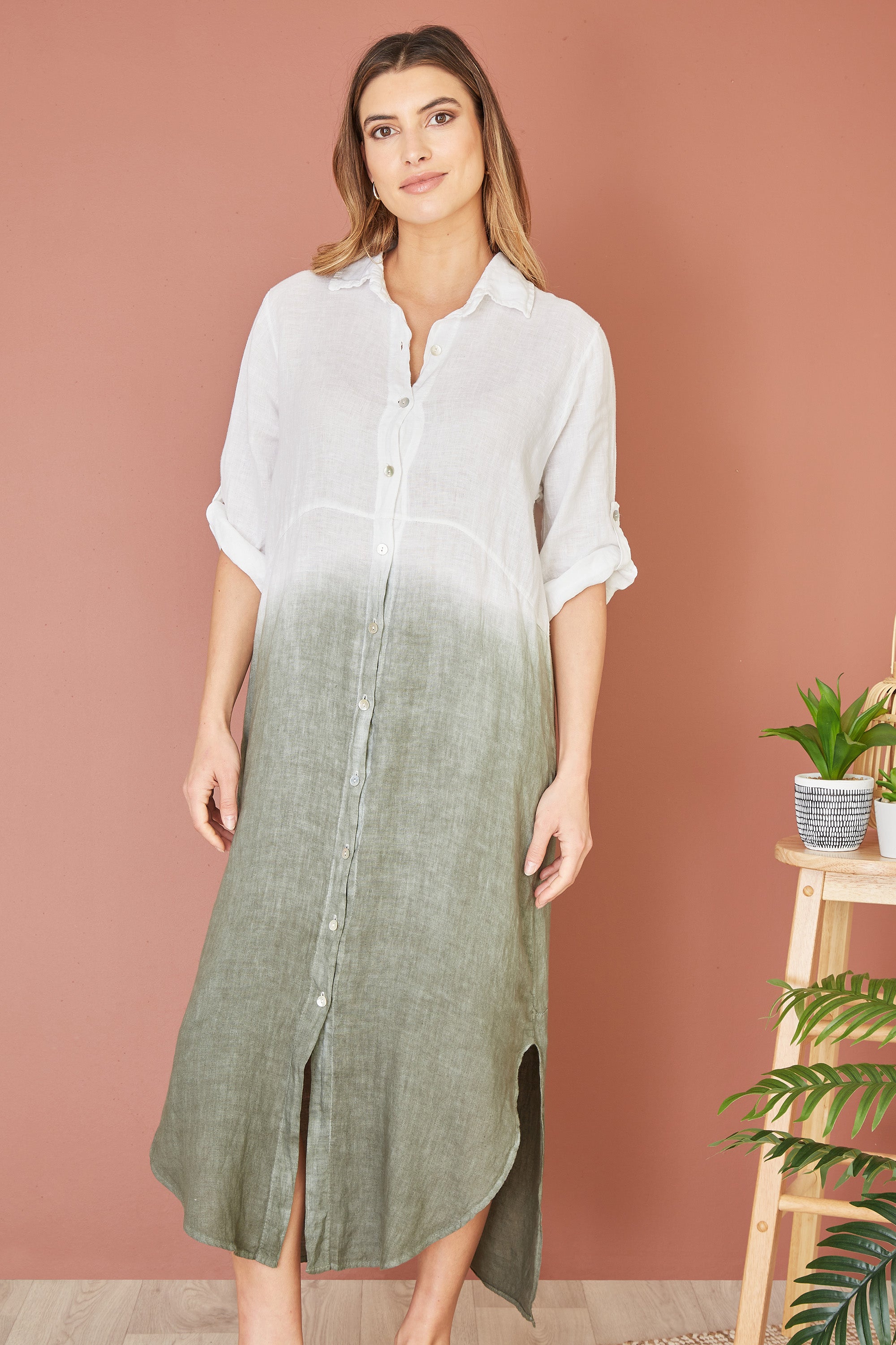 Yumi White Italian Linen Hand Dip Dyed Midi Shirt Dress With Turn Up ...