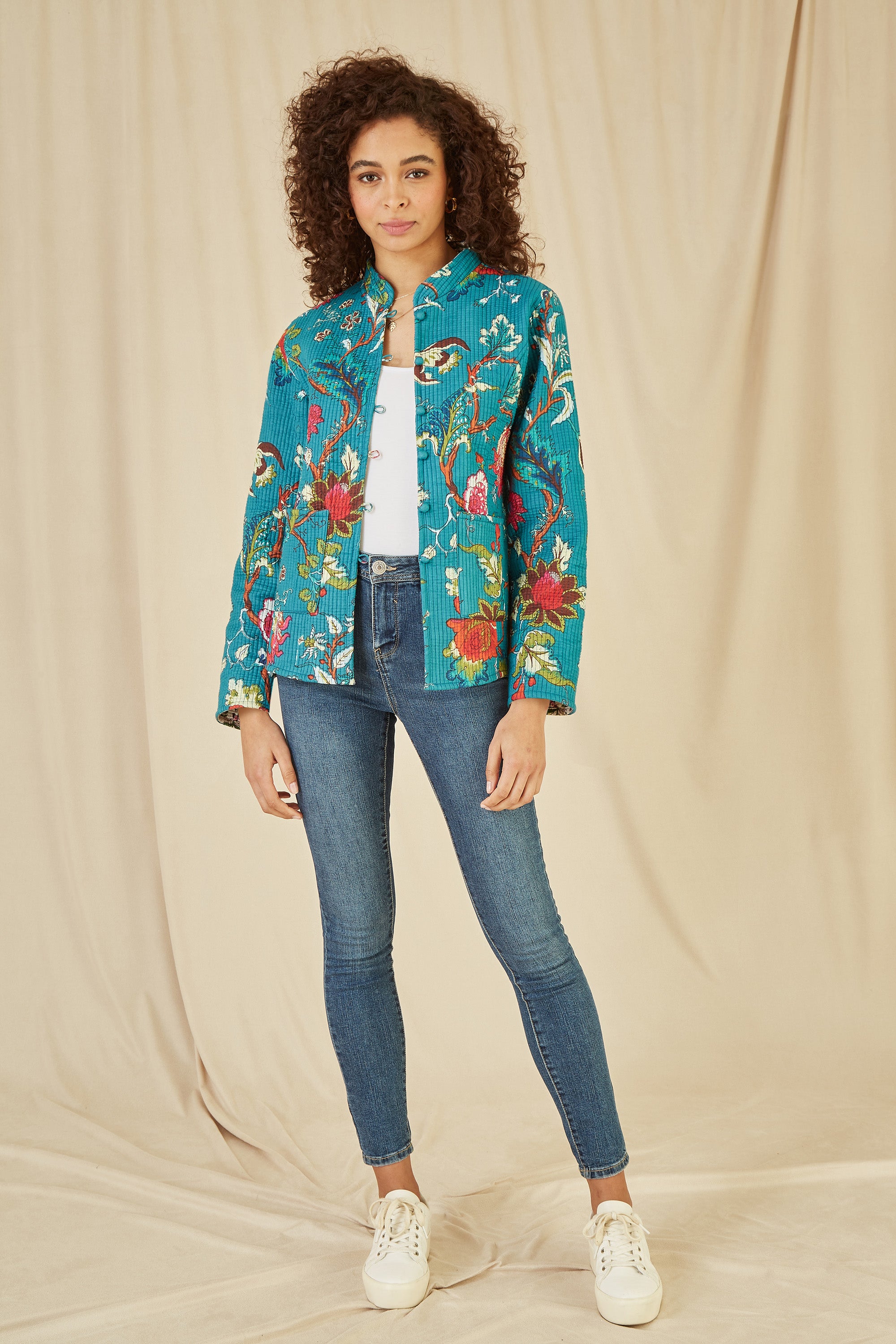 Yumi Teal Floral Print Reversible Cotton Quilted Jacket | Yumi