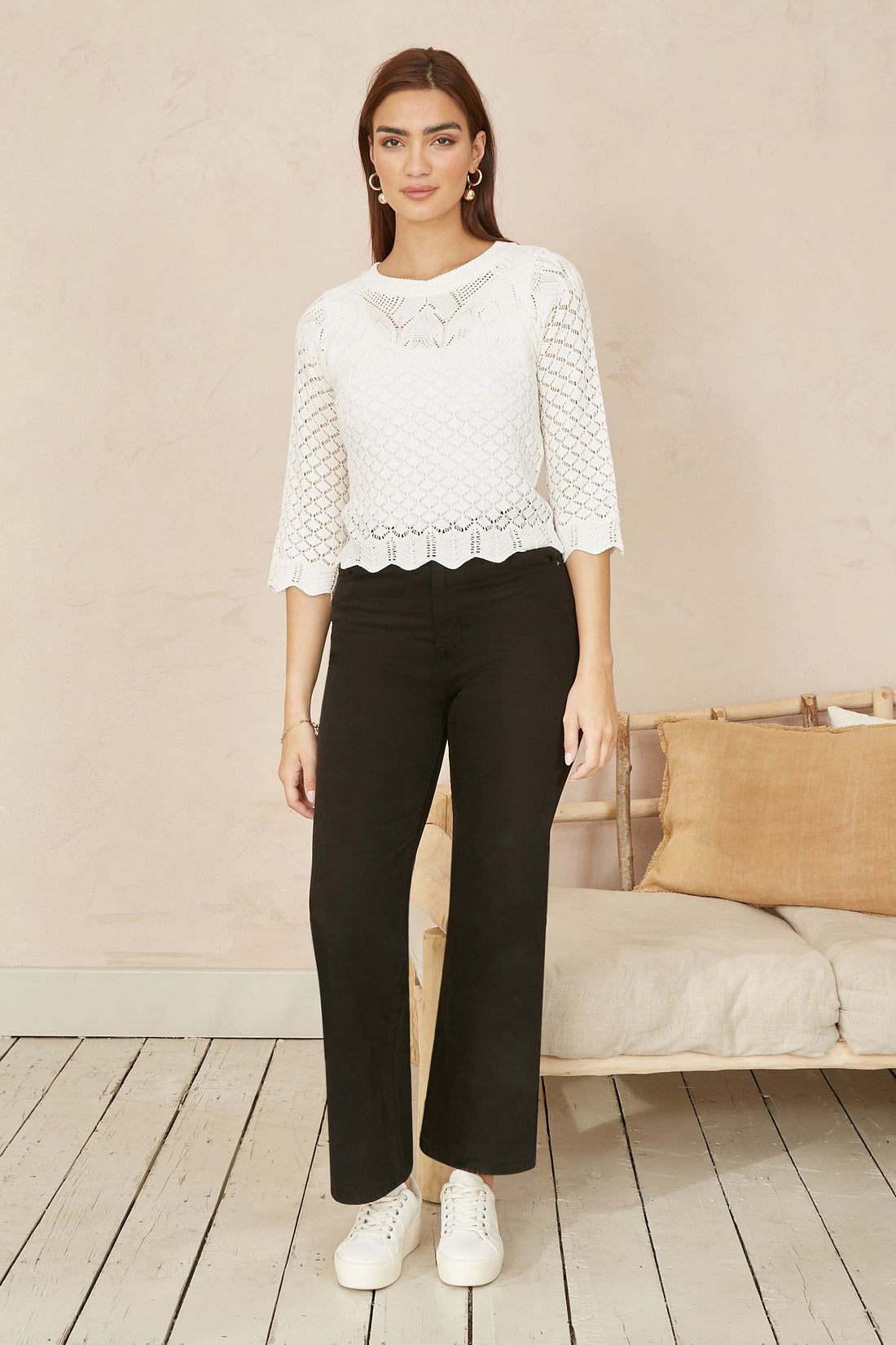 Yumi Ivory Crochet Knitted Top With Scallop Edge | Yumi