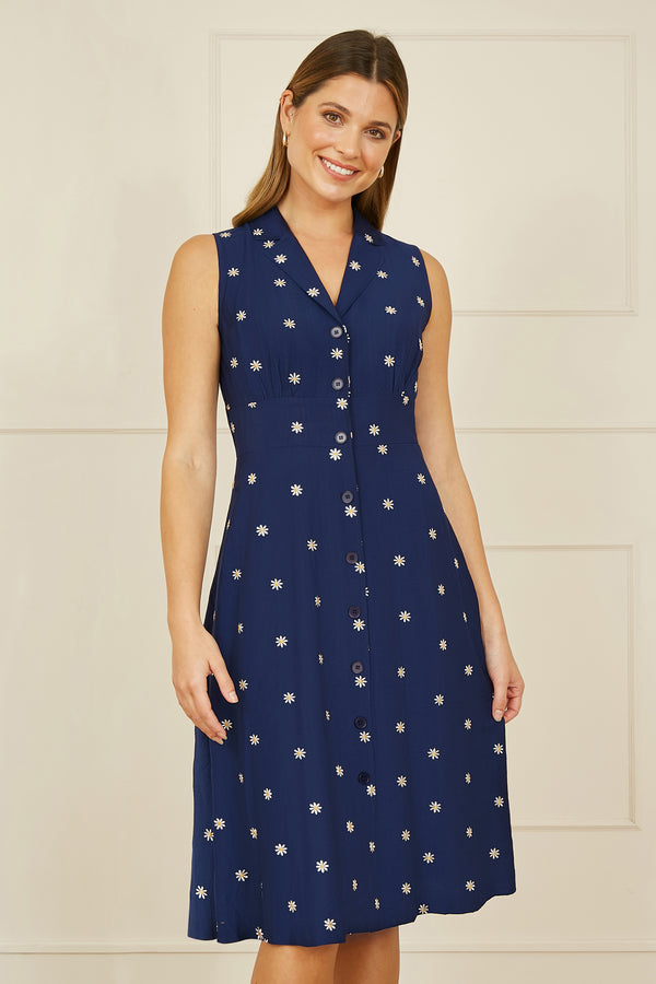 Yumi Navy Daisy Print Embroidered Sleeveless Shirt Dress | Yumi
