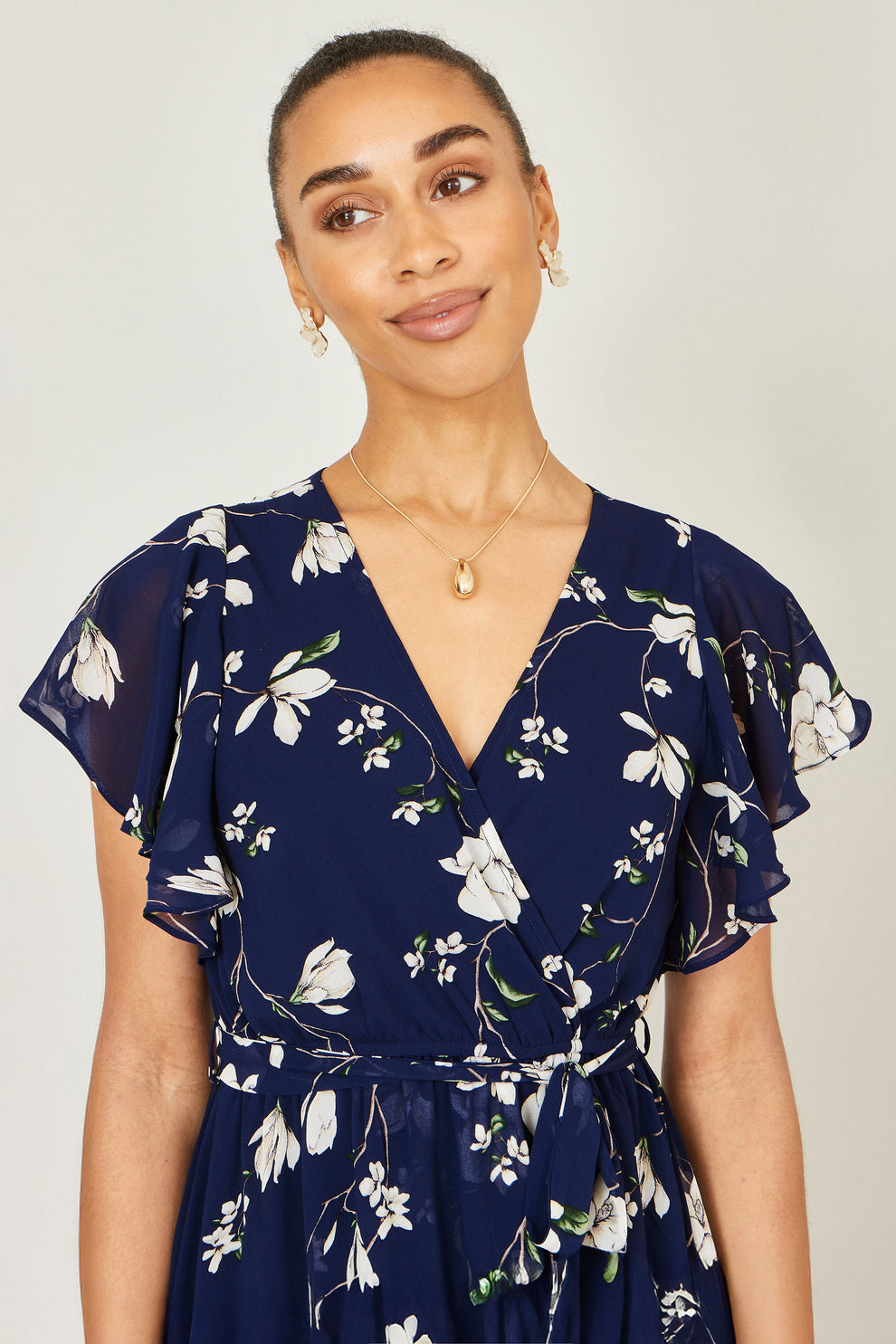 Yumi Navy Floral Wrap Midi Dress With Frill Hem | Yumi