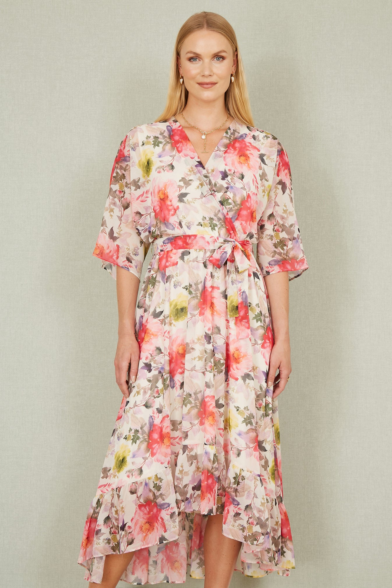 Yumi Ivory Vintage Floral Wrap Midi Dress With Frill | Yumi