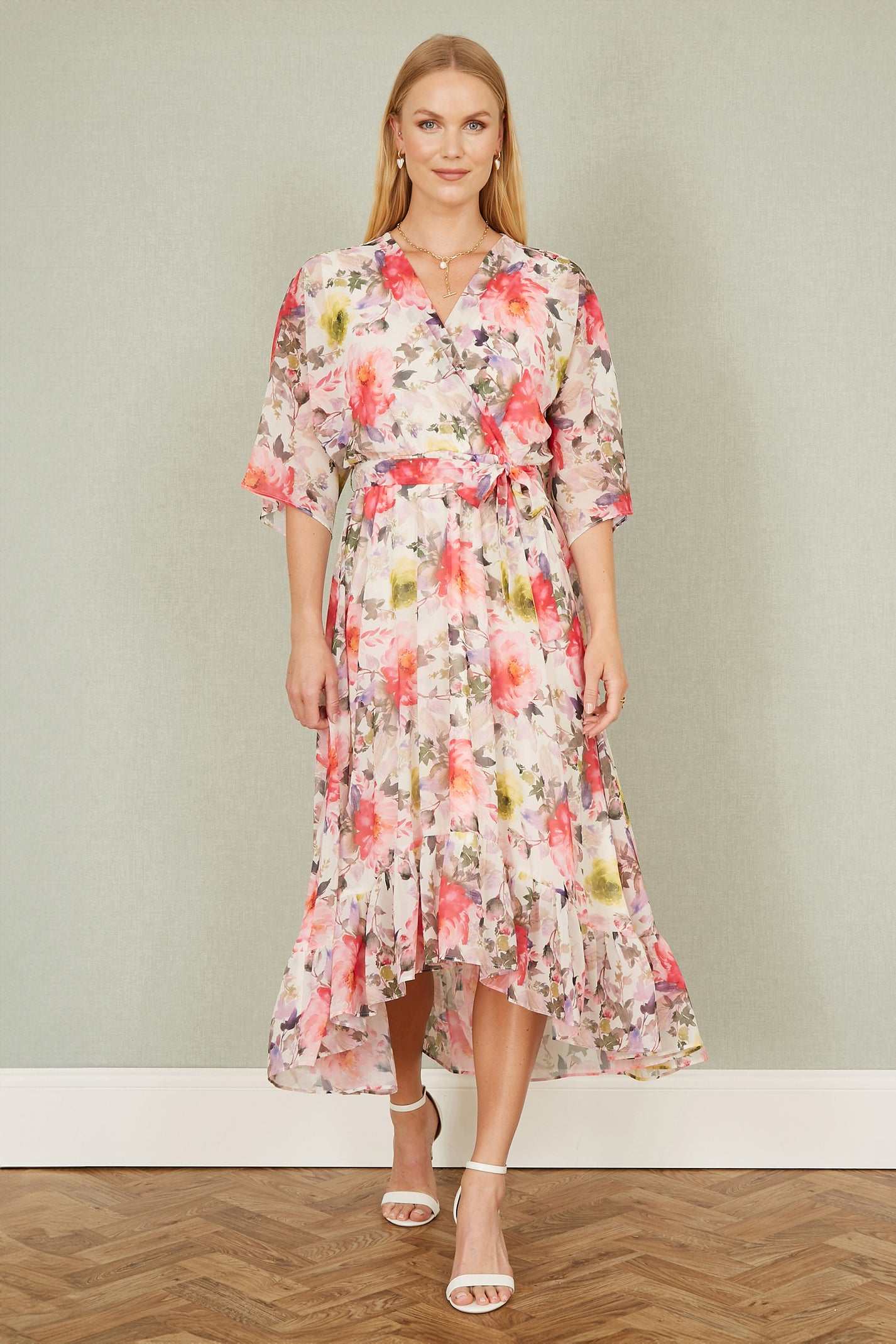 Yumi Ivory Vintage Floral Wrap Midi Dress With Frill | Yumi