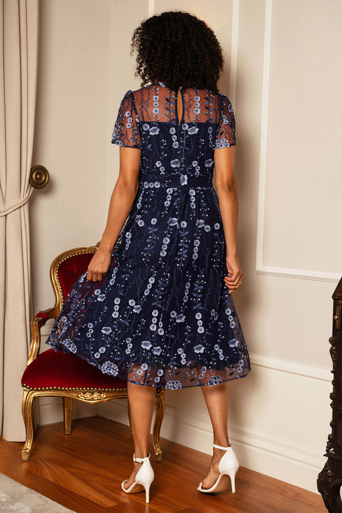 Yumi Navy Embroidered Mesh Midi Dress | Yumi
