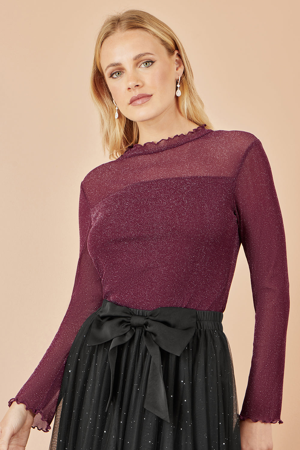 Yumi Burgundy Shimmer Print Mesh Stretch Fitted Top | Yumi
