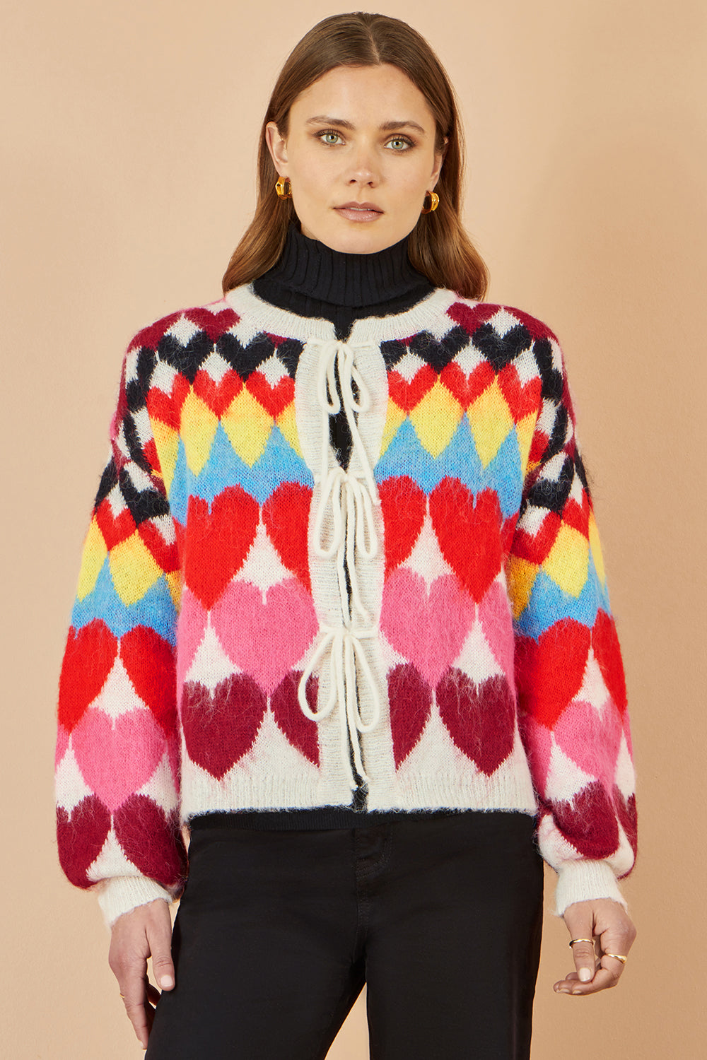 Yumi Multicolour Tie Front Heart Intarsia Cardigan | Yumi