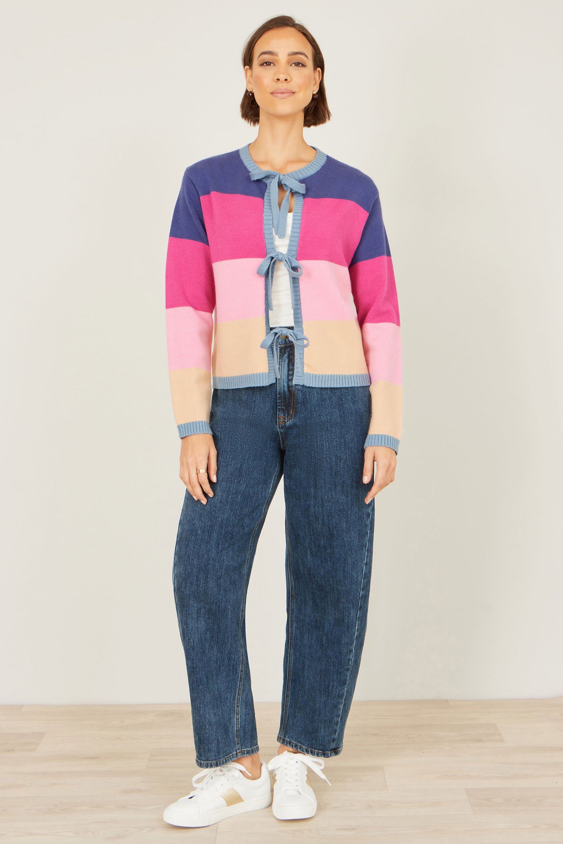 Yumi Multicolour Block Stripe Tie Front Cardigan | Yumi