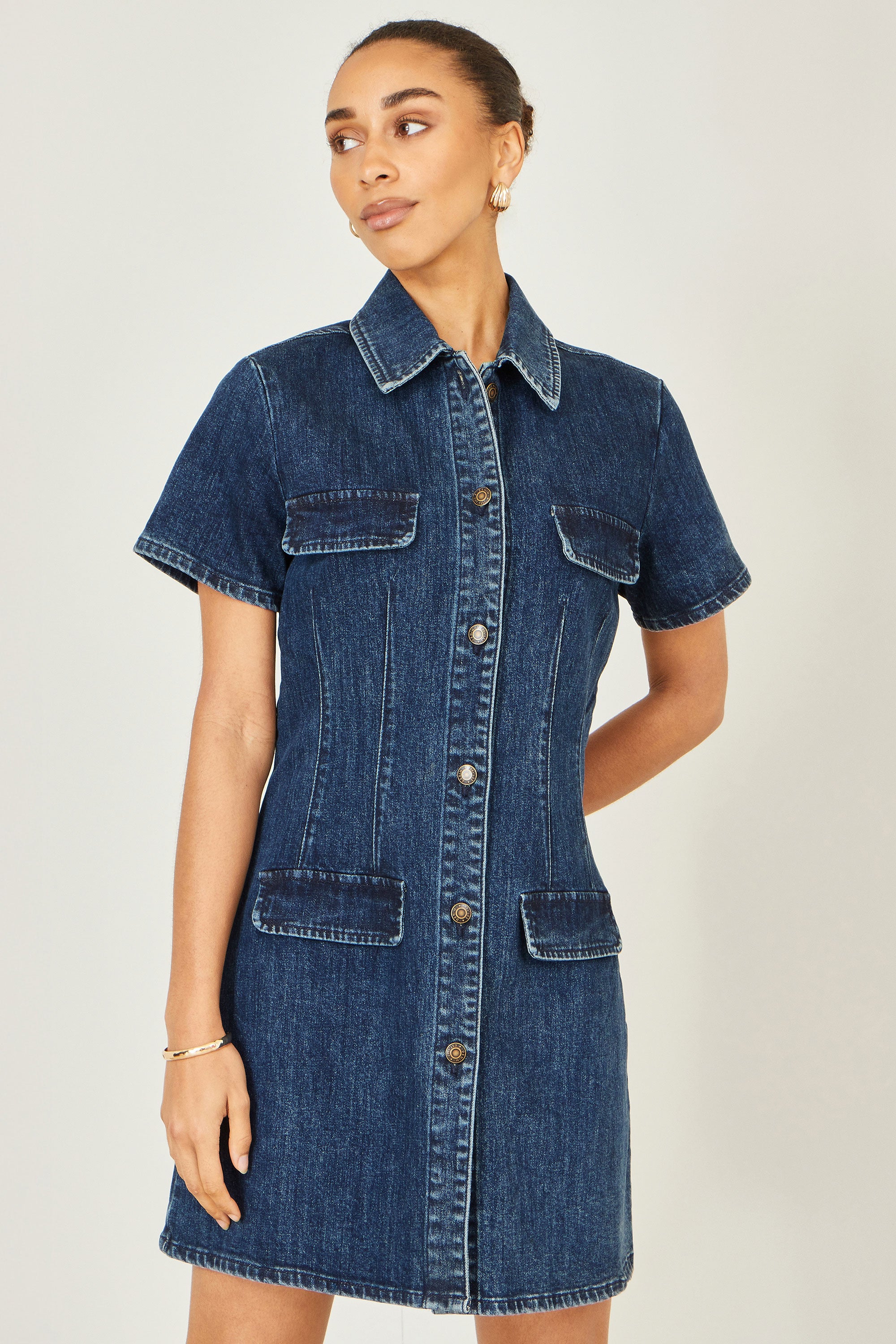 Yumi Blue Denim Stretch Shirt Dress With Pocket Details | Yumi