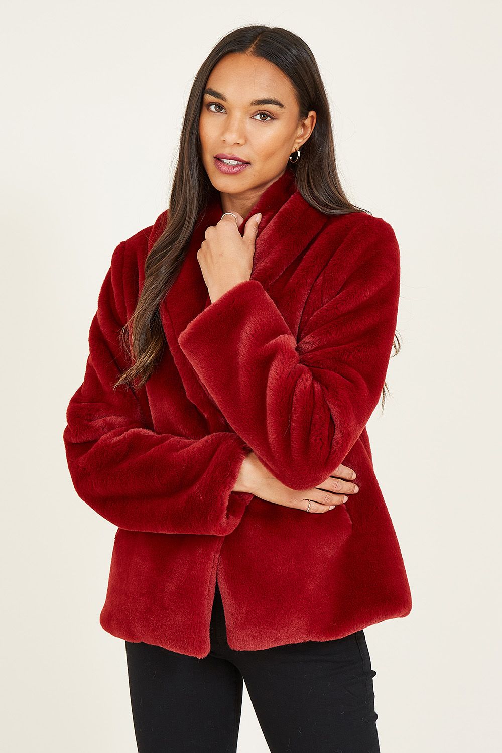 Yumi Red Short Wrap Faux Fur Coat | Yumi