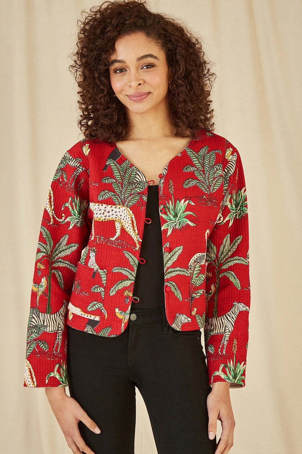 Yumi Red Animal Print Reversible Cotton Cropped Quilted Jacket | Yumi