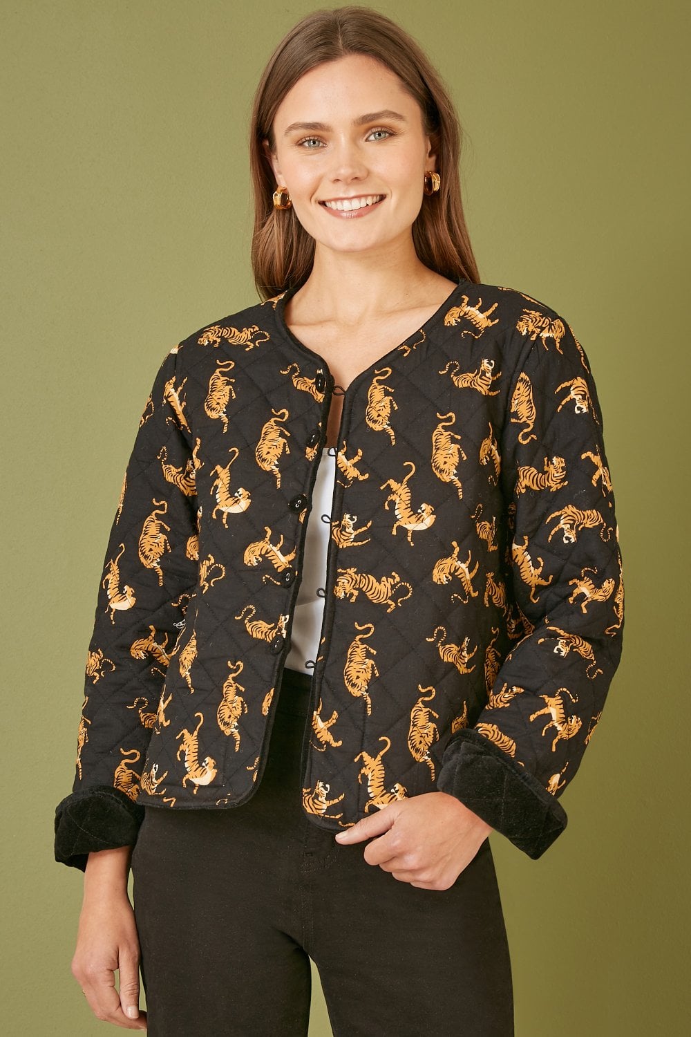 Yumi Black Velvet Quilted Jacket With Reversible Leopard Lining | Yumi