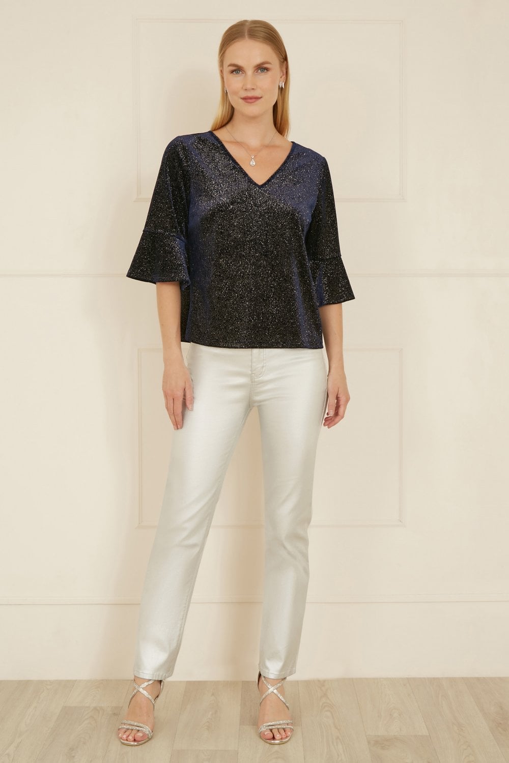 Yumi Navy Sparkle Velvet Relaxed Fit Top With Fluted Sleeves | Yumi