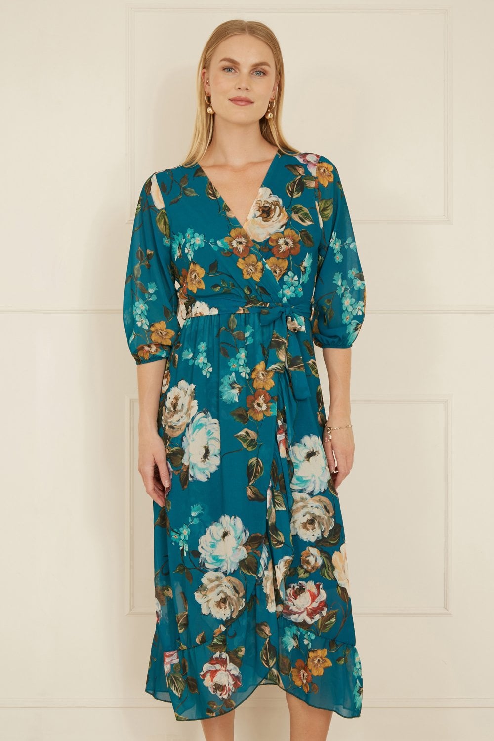Yumi Teal Watercolour Dip Hem Midi Wrap Dress | Yumi