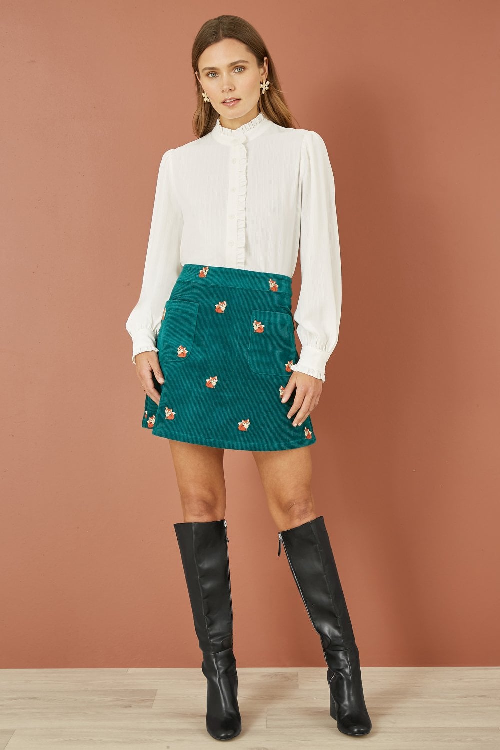 Yumi Teal Fox Embroidered Cord Mini Skirt | Yumi